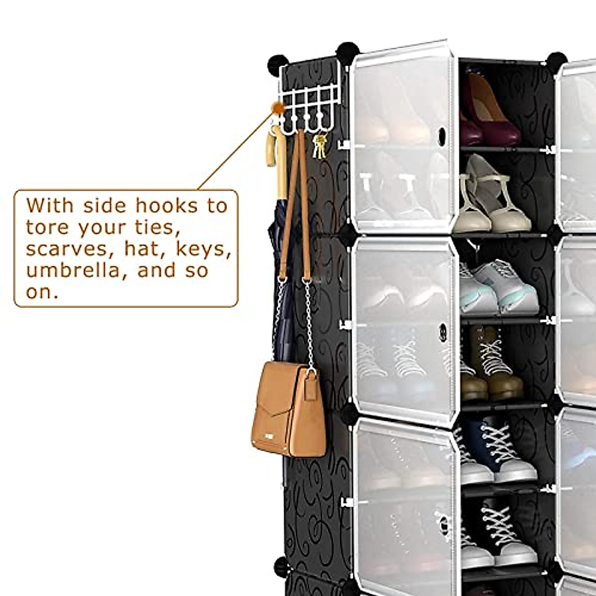 KOCASO 16-Pair Portable Shoe Rack Organizer, 8-Tiers Storage Cabinet, Stand Space-saving Shoe Organizer for Sneakers, Heels, Slippers and Boots, Black shoe cabinet with Translucent Doors