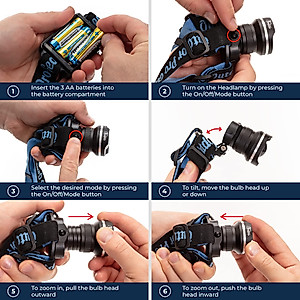 Headlamp Flashlight - Battery Powered LED Headlight for Adults - Zoomable, Super Bright & Comfortable - Outdoor Head Lamp for Hiking, Fishing, Hunting, Camping [3-AA Batteries Included]