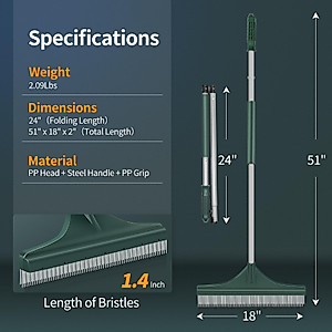 Artificial Grass Turf Rake with Foldable Lightweight Steel Handle, 51" Folding Turf Brush for Carpet Cleaner with Ergonomic Design, Suitable for Pet Hair Removal, Silver Handle and Green Head