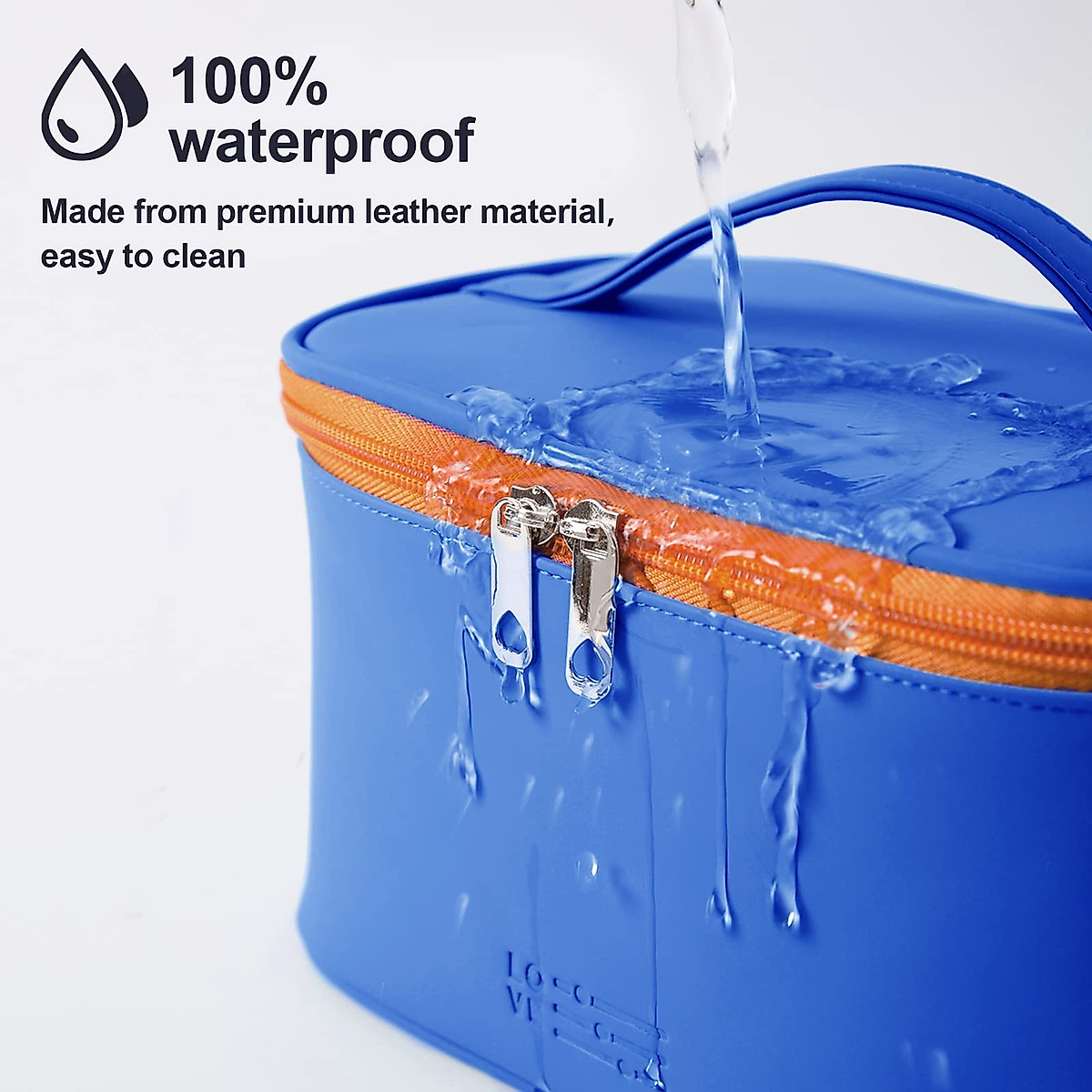 Makeup Bag Portable Travel Cosmetic Bag for Women, Beauty Zipper Makeup Organizer PU Leather Washable Waterproof (Blue)