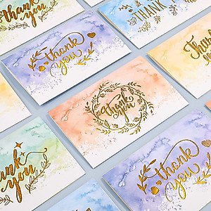 72 Pieces Watercolor Thank You Cards with Envelopes and Stickers Set 6 Designs Gold letter Greeting Note Cards Thank You Envelopes Round Envelope Seal Stickers for Wedding Graduation Baby Shower