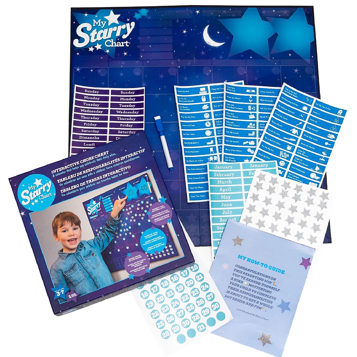 My Starry Chart - Kids Chore Chart Calendar Board for Behavior, Reward, Responsibility, Incentive & Routine at Home - Homeschool Planner Supplies with Dry Erase Reusable Stickers - Preschool Learning