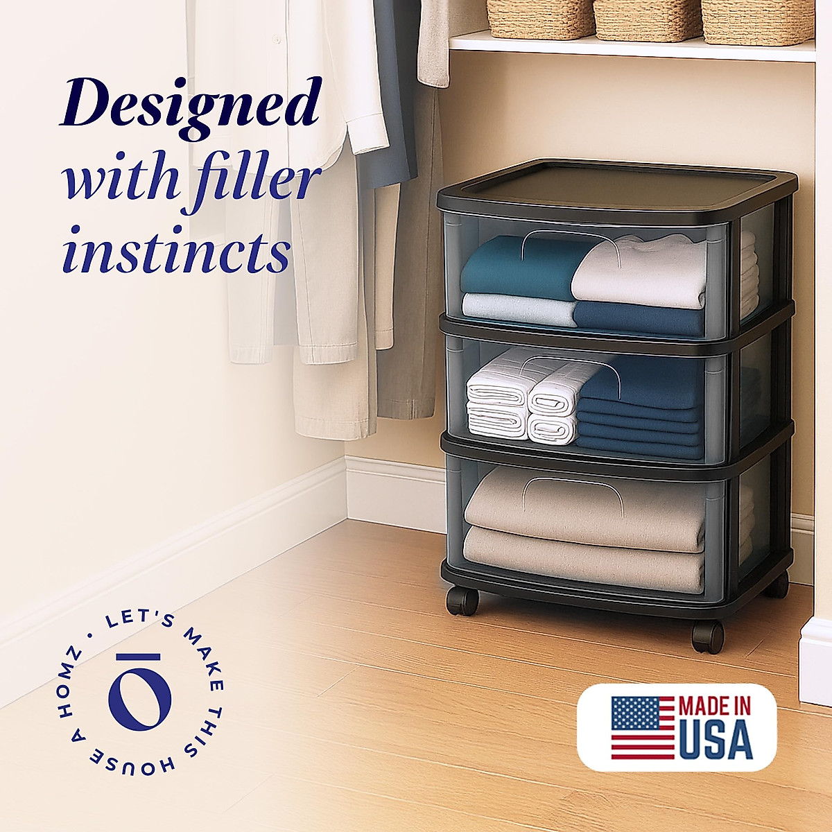 HOMZ Plastic 3 Drawer Wide Cart, Black Frame, Clear Drawers, 4 Casters included, Set of 1