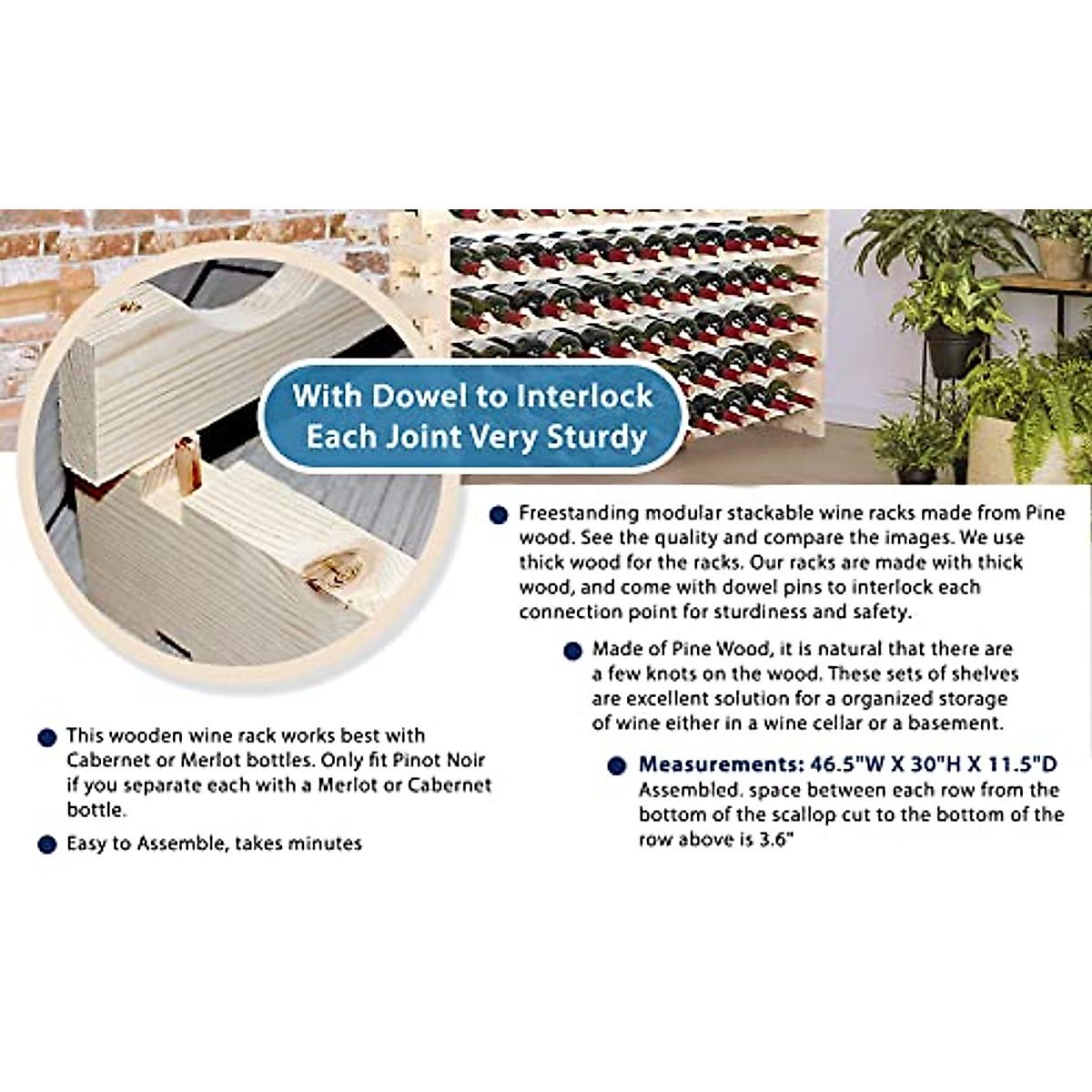 DisplayGifts Modular Stackable Wine Rack Freestanding Wooden Wine Stand Storage Holder, For Basement Pantry Room Wine Cellar or tight space, Wobble-Free 36 Bottle Capacity 6 X 6 Rows (Unfinished Wood)