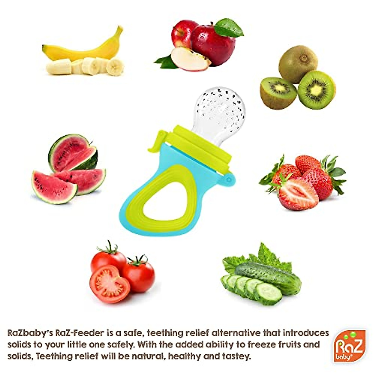 RaZbaby Baby Solids/Frozen Fruit Feeder Pacifier, Infant Teether Toy 6M+, BPA-Free Silicone Pouch & Nipple, Safely Introduce Solids, Teething Relief, Dishwasher Safe, 2-Pack – Orange/Blue + Green/Blue