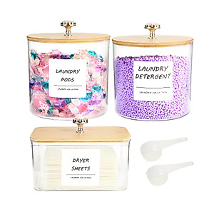 PLOUTA HOME 3 Pack Laundry Room Organization Storage Containers, Plastic Clear Laundry Pods Container & Dryer Sheet Holder Jars with Lids, Scoops & Labels for Detergent, Powder, Dryer Balls, Beads
