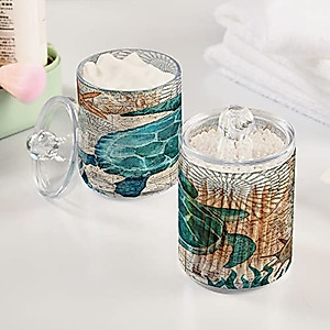 CHIFIGNO Vintage Blue Sea Turtles Starfish Map Qtip Dispenser 2 Pack Clear Apothecary Plastic Jars Bathroom Storage Containers for Cotton Pads, Cotton Ball, Cotton Swabs, Floss Picks 10 Oz