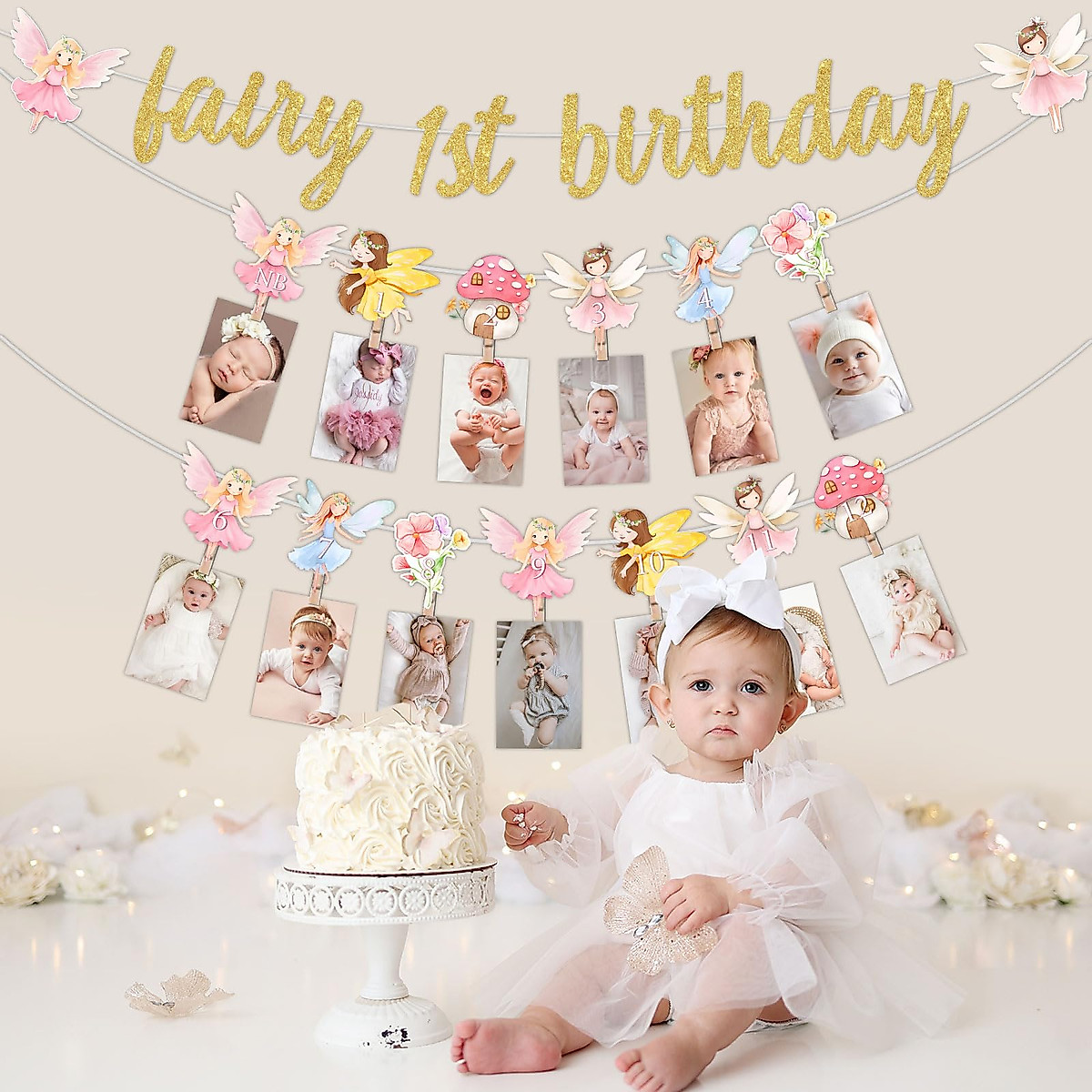 My Fairy First Birthday Decorations - Fairy 1st Birthday Glitter Banner and Monthly Photo Banner, Fairy One Year Old Birthday Decorations for Girl, Floral Fairy 1st Birthday Party Supplies