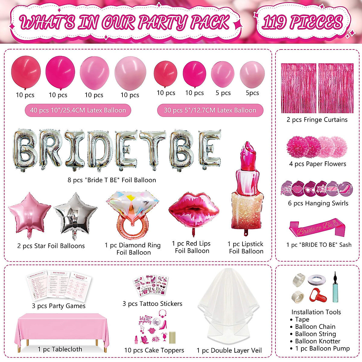 Party Spot! 119 PCS Bachelorette Party Decorations, Latex Balloons, "BRIDE TO BE" Balloons, Tablecloth, Veil, Cake Topppers, Pink Bridal Shower Party Decorations, Balloon Pump
