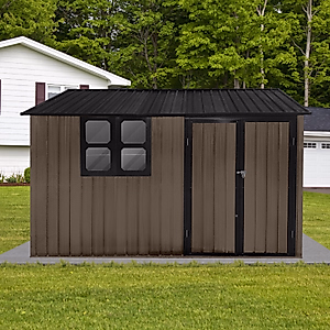 ACQCA 10FTx8FT Outdoor Metal Storage Garden Sheds with Window and Punched Vents,Galvanized Garden Gazebos Shed,w/Hinged Door & Padlock,for Storing Bicycles,Lawnmowers,Easy to Assemble,Brown