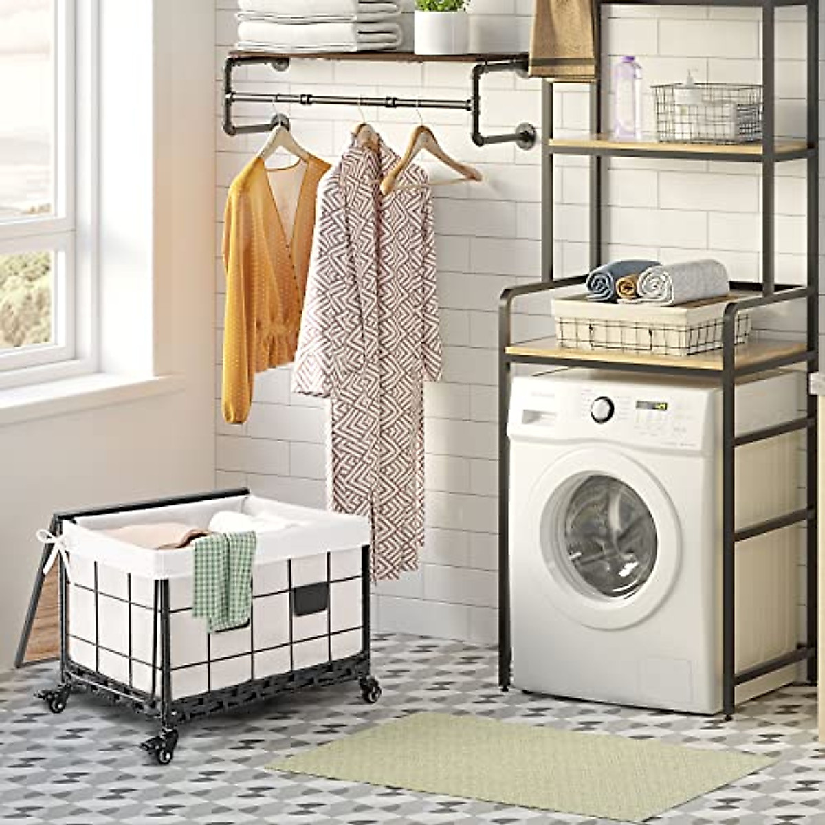 GREENSTELL Storage Basket with Wheels and Lid, 65L Handwoven Large Shelf Basket with Cotton Liner and Metal Frame, Foldable & Easy to Install, Storage Box Basket Bin with Handle Black