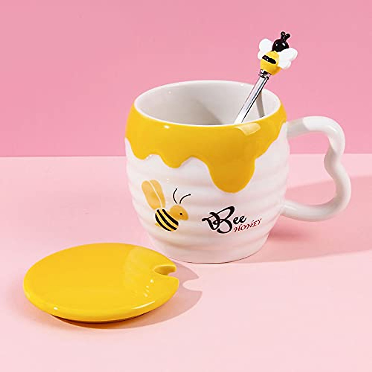 Mozacona Embossed Ceramic Honey Jar Coffee Mug with Lid and Bee Spoon