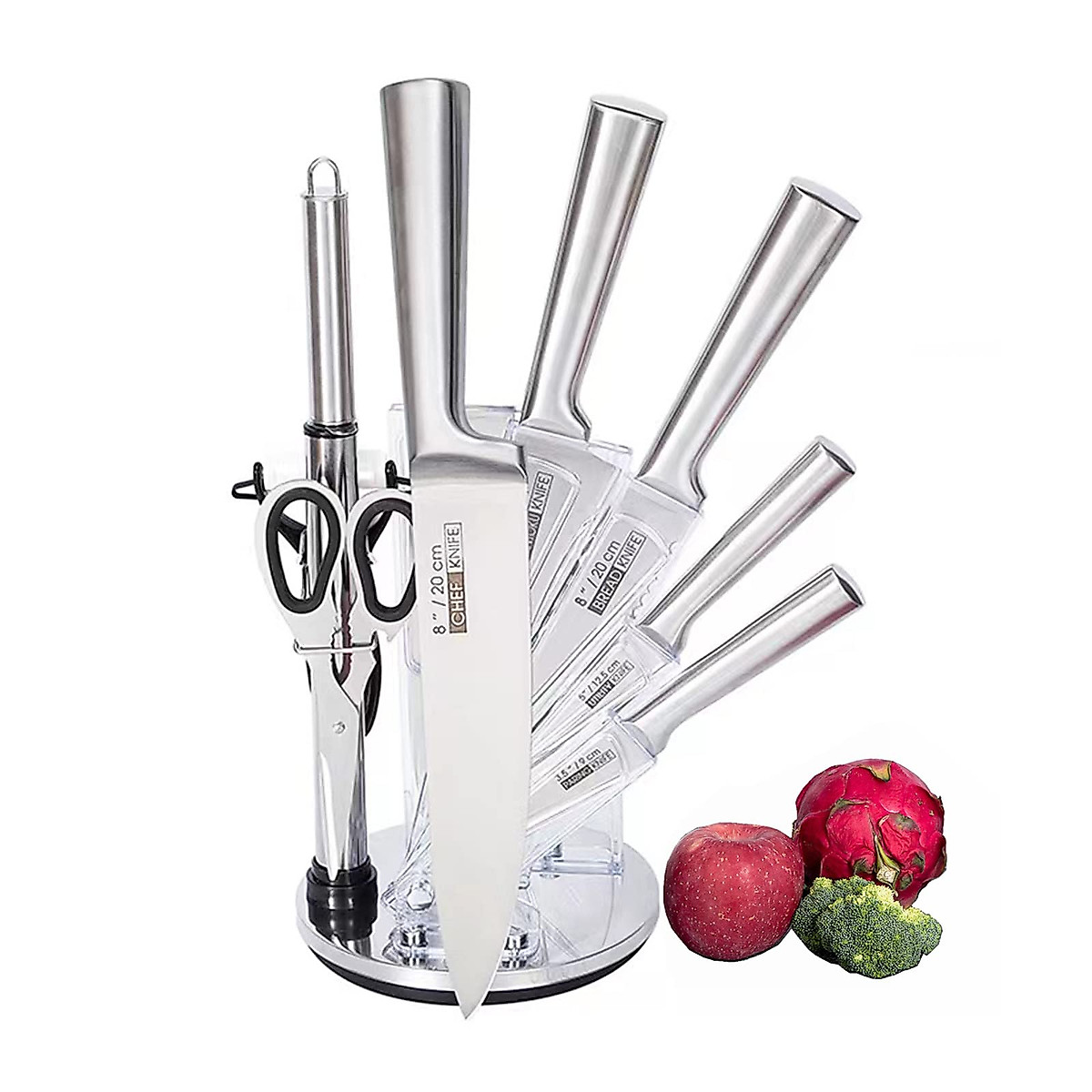 Knife Set, Professional Stainless Steel Chef Knife Set of 9 with Rotatable Acrylic Stand for Kitchen, Ergonomic Ultra Sharp Non-Stick Kitchen Knife set with Gift Box for Women Gifts (Silver)