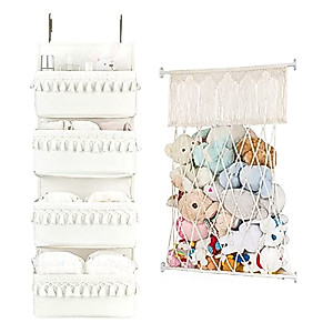 Dahey Over The Door Organizer with 4 Pockets Boho Door and Stuffed Animal Storage Hammock Hanging Toy Storage Organizer for Nursery Kid Playroom Bedroom