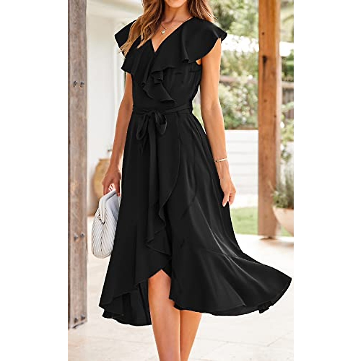 PRETTYGARDEN Women's Summer Wrap Maxi Dress Casual Boho Deep V Neck Short Sleeve Ruffle Hem Split Beach Long Dresses (Black,Large)