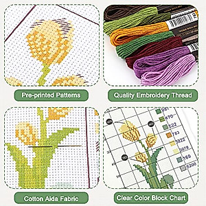 Caydo 3 Pieces Cross Stitch Bookmark Kits, Flowers Stamped Embroidery Bookmark with Backing Felt and Instructions Beginner Cross Stitch Kits for Adults, Book Lovers, 14 CT