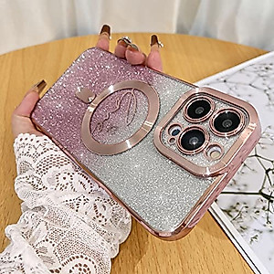 Fiyart Compatible with iPhone 14 Pro Max Case,Compatible with MagSafe Love Heart Plating Camera Protection Clear Phone Case, Magnetic Glitter for Women Girls Shockproof Back Bumper 6.7"-Pink