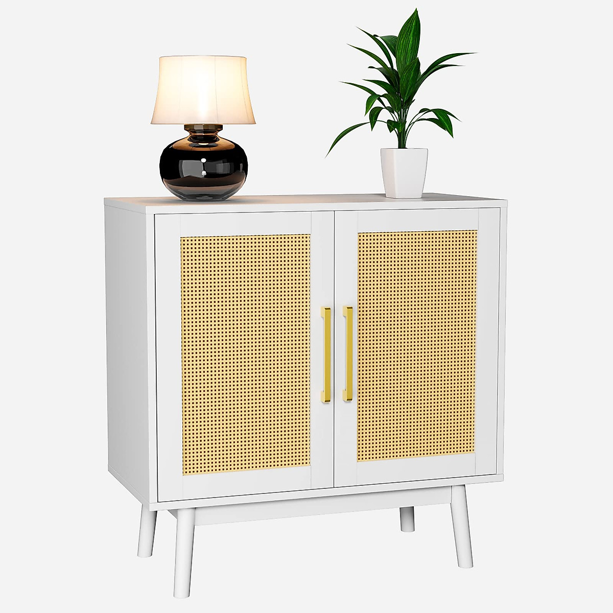 LYNSOM Sideboard Buffet Cabinet with Storage, Kitchen Buffet Cabinet with Rattan Doors and Adjustable Shelf, Small Storage Cabinet with Solid Wood Feetfor Hallway, Entry, Living Room, White