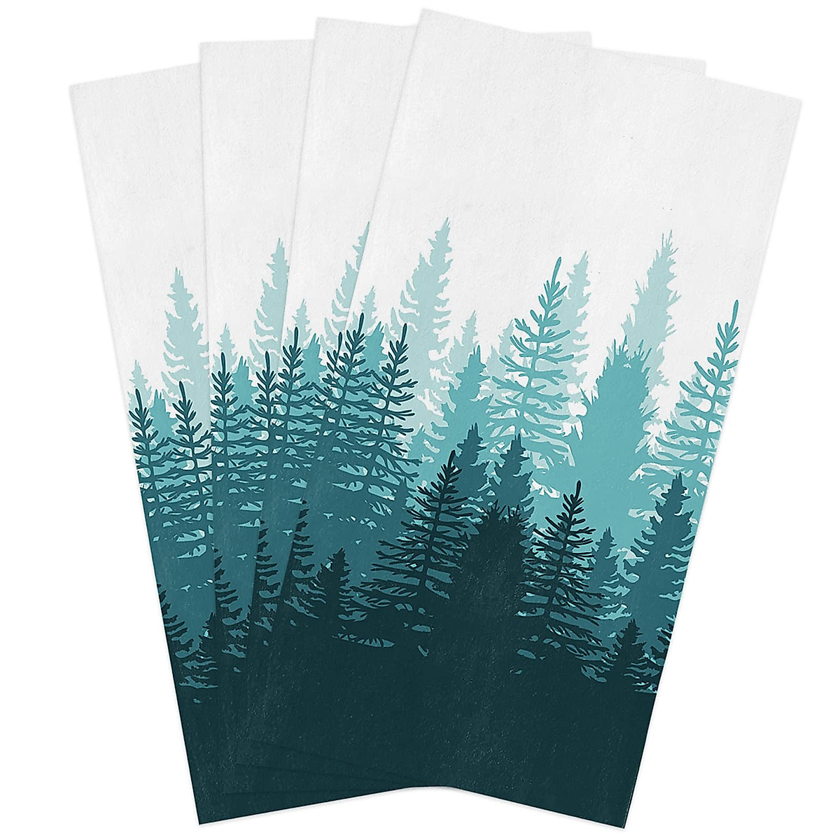 Edwiinsa Teal Ombre Kitchen Dish Towels and Dishcloths Sets 18 x 28 Inches Absorbent Hand Towels Dish Rags with Hanging Loop for Home Cleaning Gradual Forest Ink Painting Abstract Art