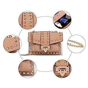 Qiayime Womens Fashion Clear Purses and Handbags Shoulder Bag Ladies Rivet PVC Transparent Jelly Purse Satchel Tote Bag (Clear brown)