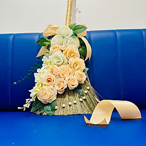 TTS For Home - Wedding Brooms Bride Bridegroom, Jumping The Broom for Wedding, Natural Whisk Broom with Ribbons, Artificial Pearl, Leaves,Roses for Decorative Wedding