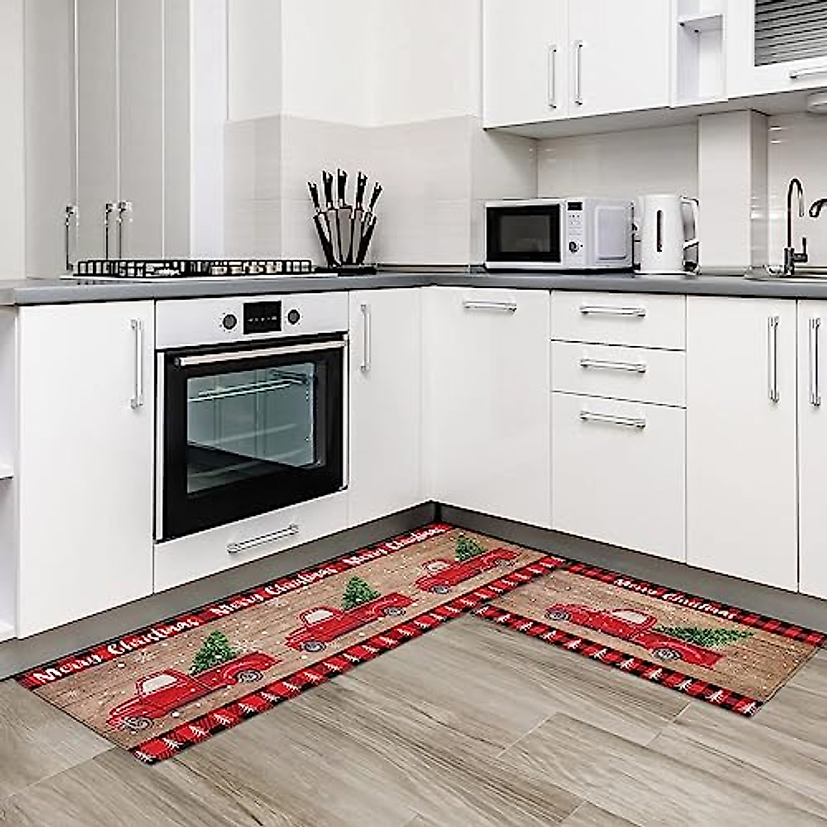 Christmas Kitchen Rugs, Xmas Tree Red Truck Kitchen Rug, Kitchen Mat Kitchen Gadgets, Kitchen Mats for Floor, Runner Rug for Laundry Room Decor, Kitchen Organization Floor Mats, 2pc Kitchen Runner Rug