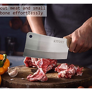 Kitory Meat Cleaver 7'' Kitchen knife, Heavy Duty Chopper, Chinese Chef’s knife for small Bone Cuttting, Full Tang, Stainless Steel, Pear Wood Handle