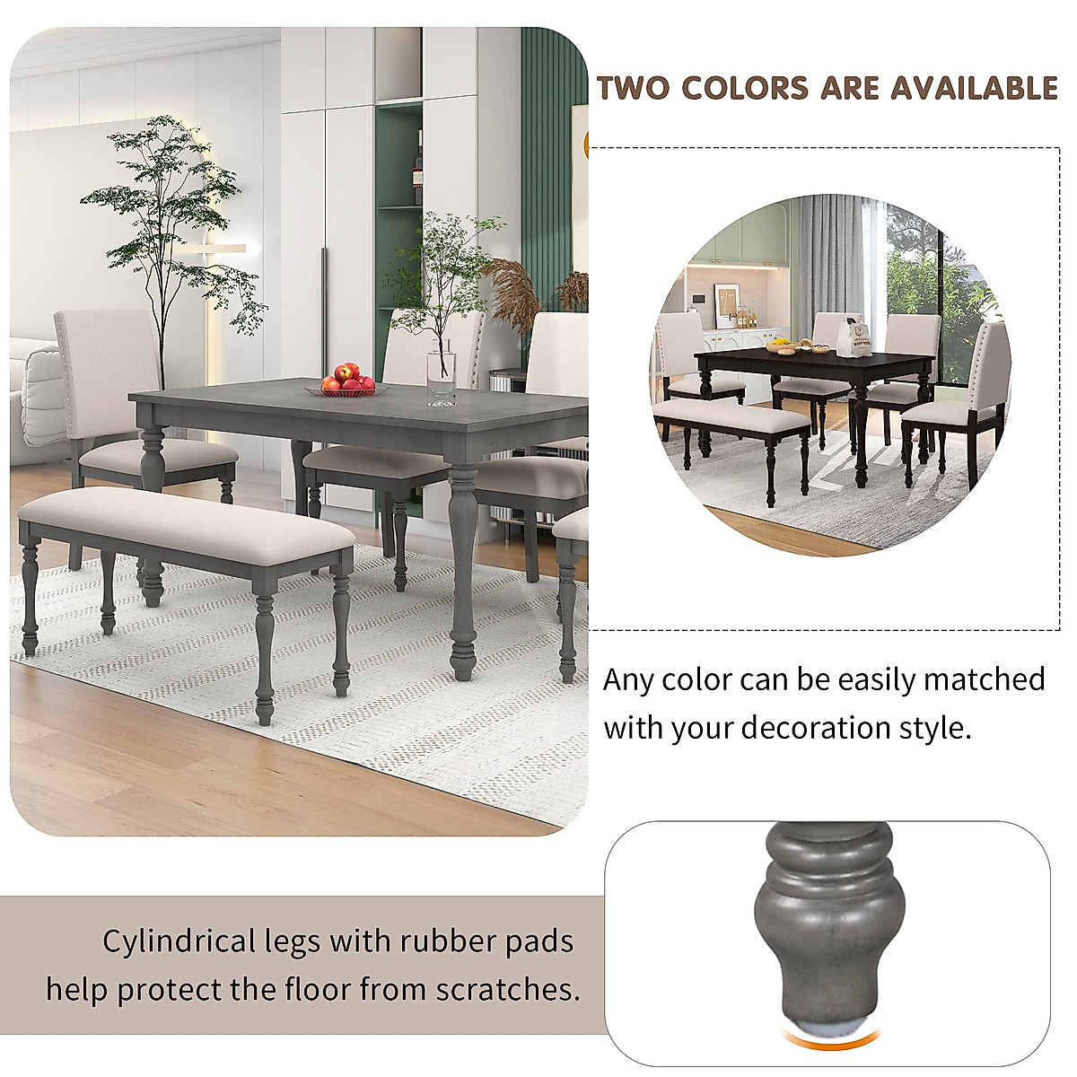 BIADNBZ 6-Piece Kitchen Dining Table Set with 4 Upholstered Chairs and 1 Bench, for 6 People, Gray