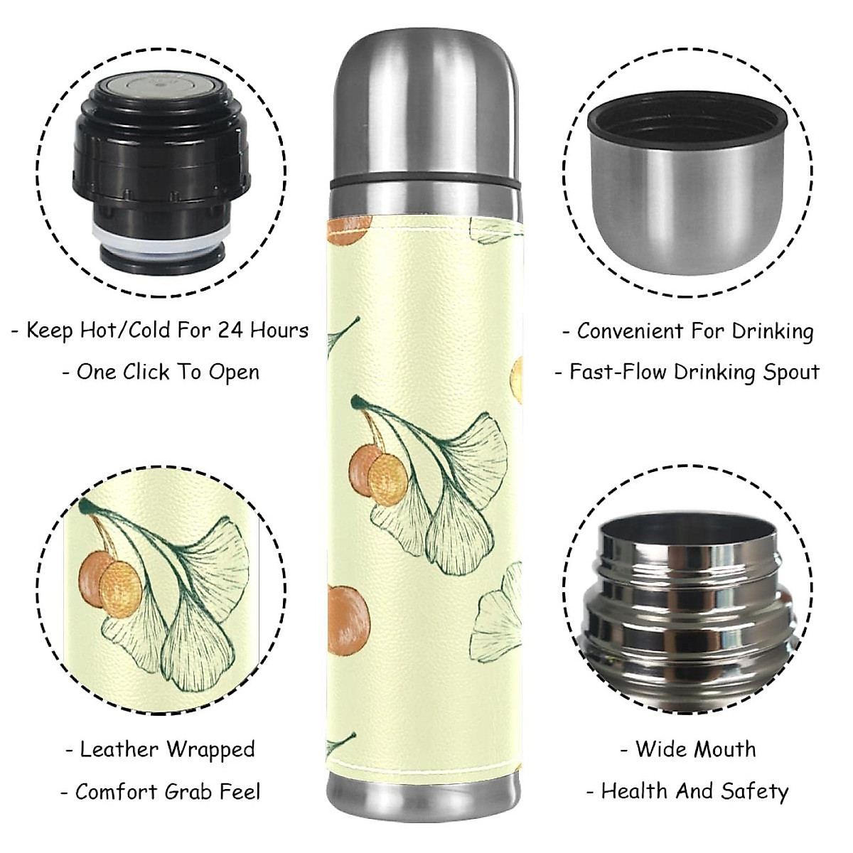 Stainless Steel Leather Vacuum Insulated Mug Tropical Plants Thermos Water Bottle for Hot and Cold Drinks Kids Adults 16 Oz