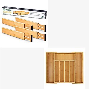 Utoplike 4 pcs Bamboo Kitchen Drawer Dividers(16.8-21.8IN) and Bamboo Cutlery Tray Silverware, Drawer Dividers for Kitchen Utensils