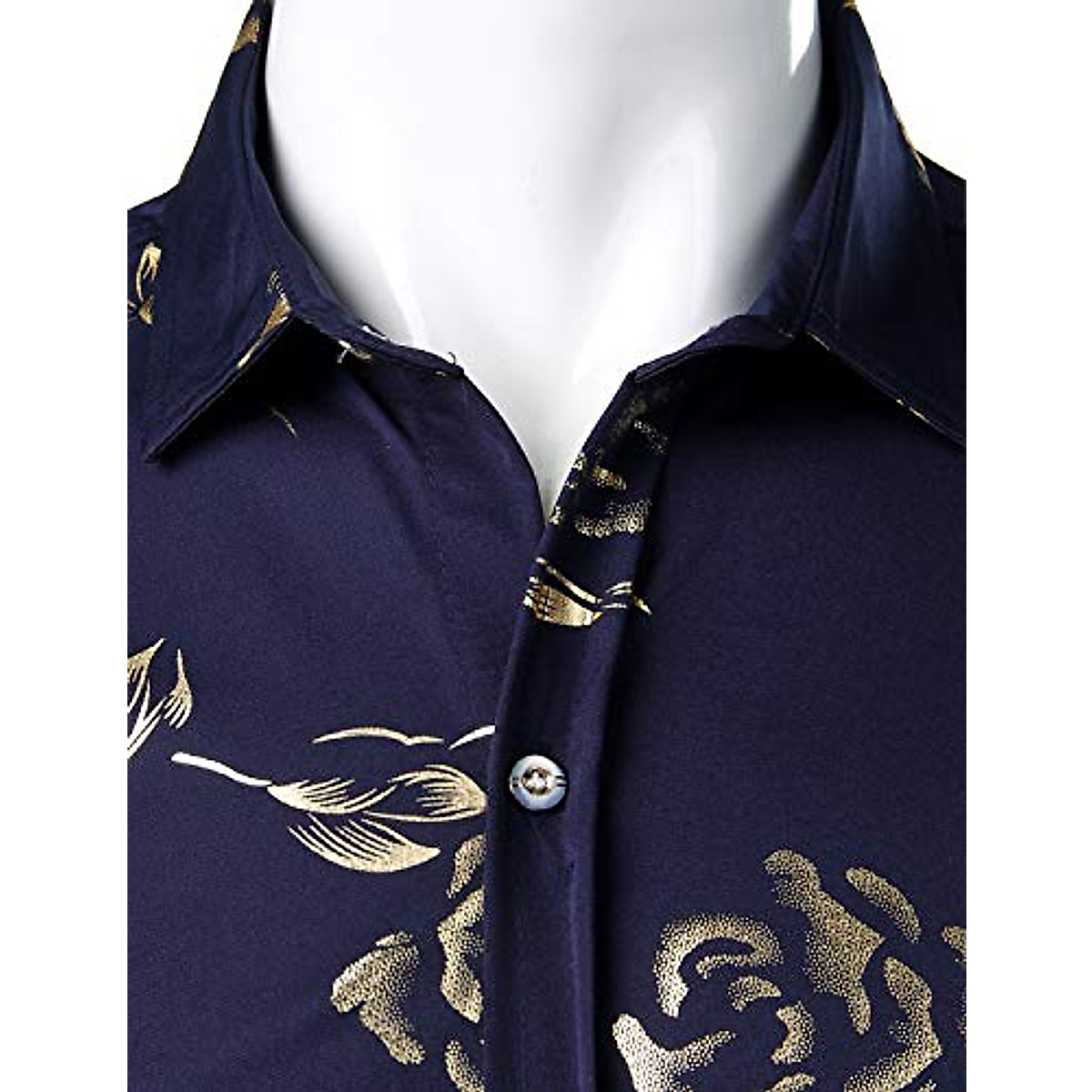 ZEROYAA Men's 3D Golden Rose Printed Slim Fit Long Sleeve Button Down Floral Dress Shirts ZZCL30 Navy Blue Small