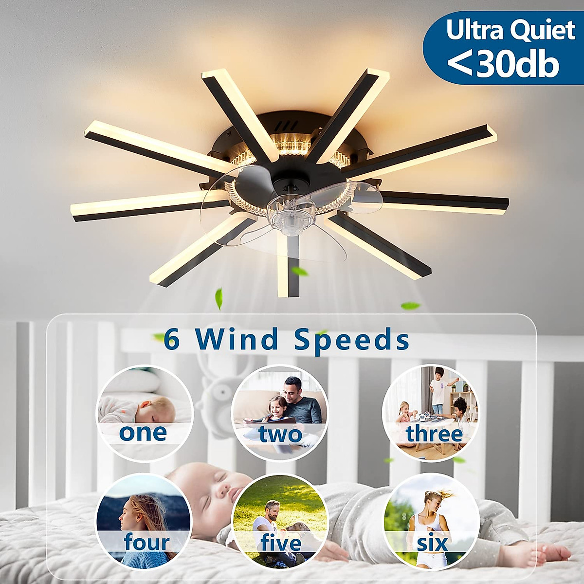 HuixuTe 27" Ceiling Fan with Lights Remote Control, 3 Colors 6 Speeds Personalized Fashion Geometric Ceiling Fan, Black Low Profile Ceiling Fan with Light for Kitchen Bedroom