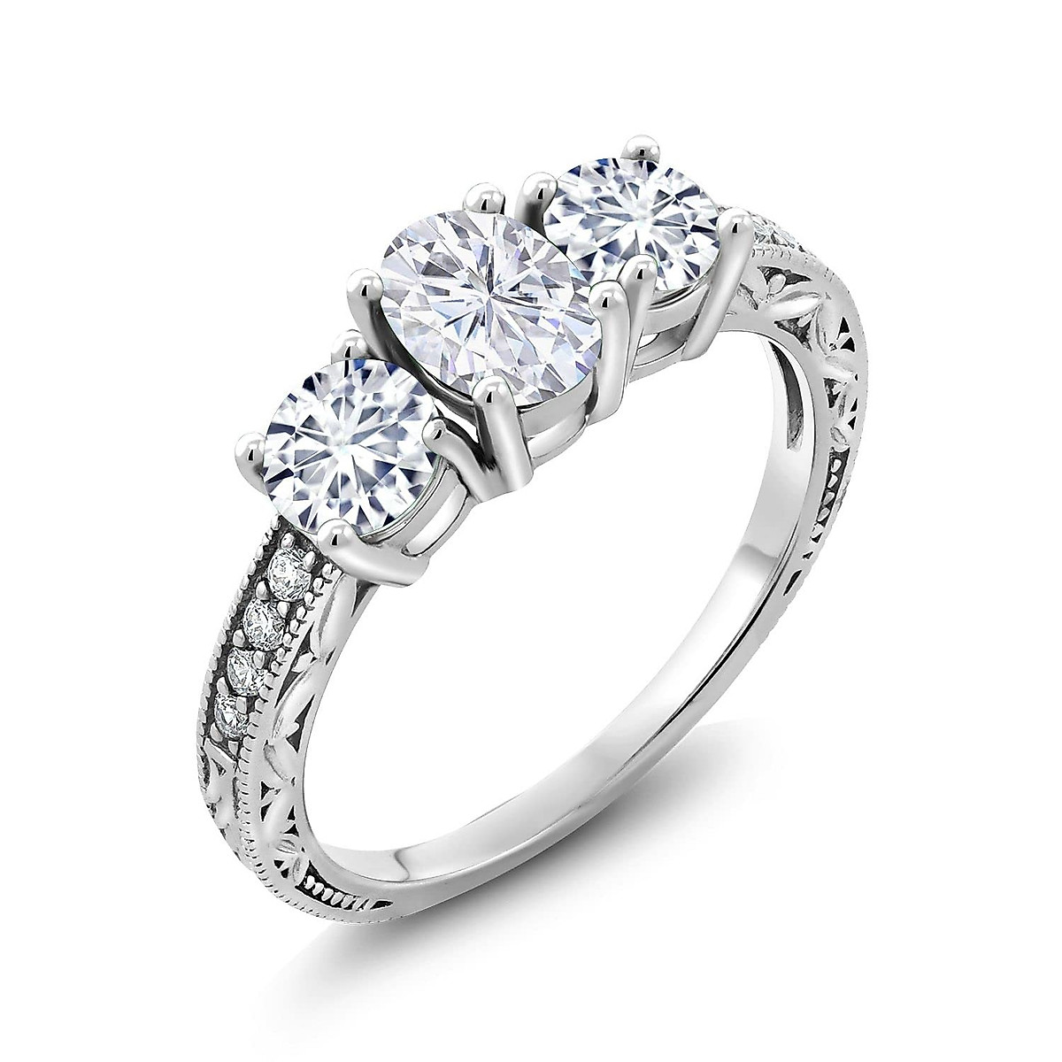 Gem Stone King 10K White Gold Gemstone Birthstone and Lab Grown Diamond 3-Stone Engagement Ring | Oval 7X5MM and Round 5MM | Three Stone Wedding Anniversary Promise Ring For Women