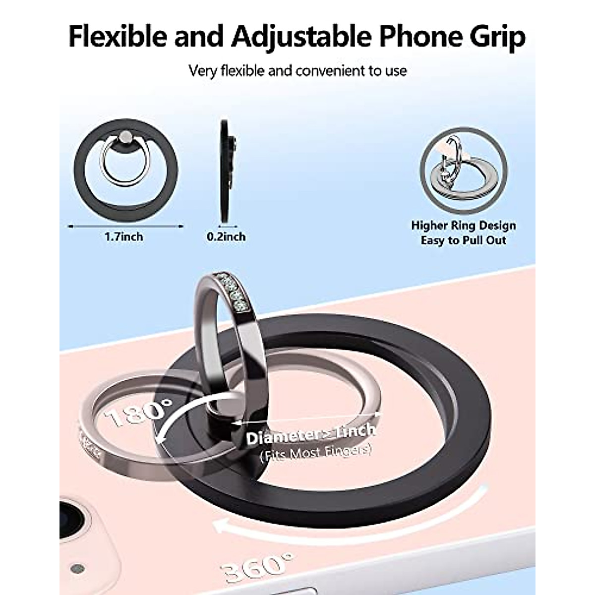 Magnetic Phone Grip (MagGo) Removable Phone Holder Stand Adjustable Finger Ring Grip Compatible with Magsafe for All Smartphone/Case (Rose Gold)
