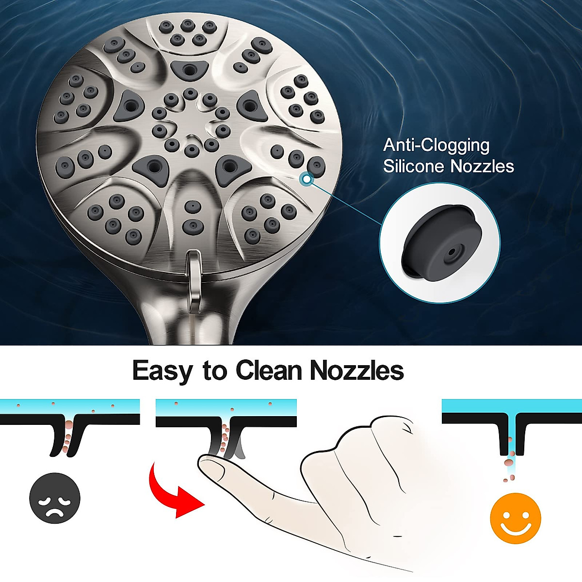 High Pressure Handheld Shower Head Brushed Nickel, 6 Spray Settings Shower Head with Handheld, 4.3 Inch High Flow Hand Held Rain Showerhead with Stainless Steel Hose, Adjustable Bracket