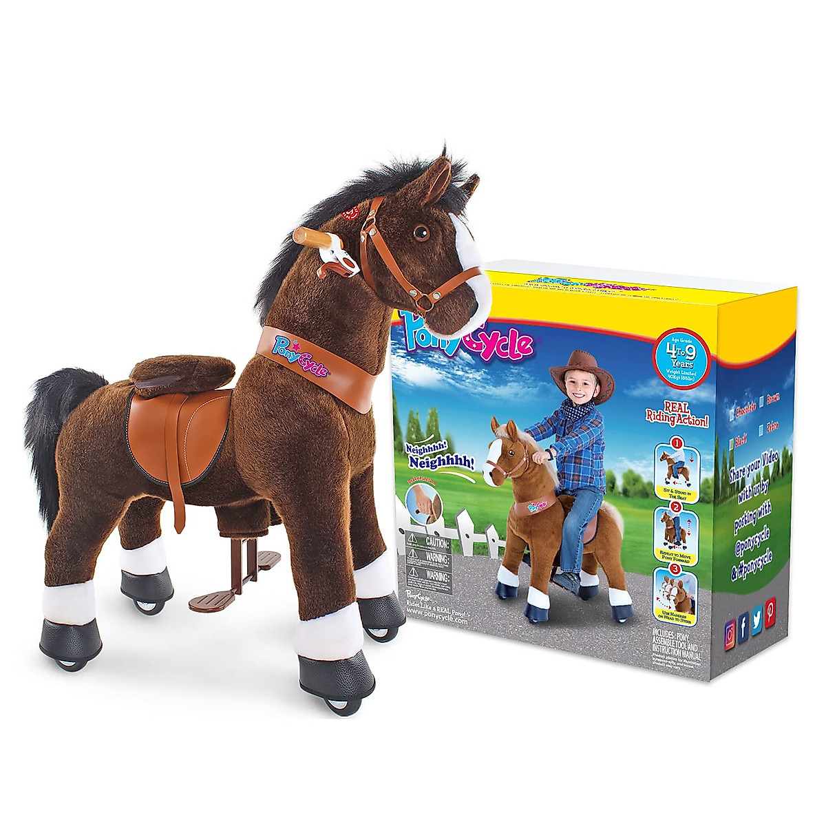 PonyCycle Horse Ride on Toy for Toddlers Boy Toys Classic Model U (with Brake/ 30" Height/Size 3 for Age 3-5) Giddy up Riding Horse Rocking Horse Rides Chocolate Brown Ux321