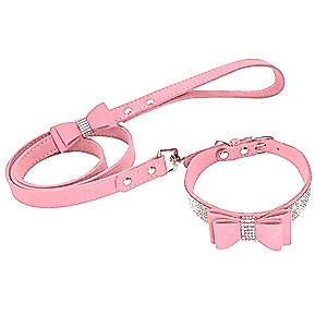 PSAVE Pet Traction Rope Rhinestone Leather Dog Cat Collar Leash Set Crystal Diamond Inlaid Cute Bow Puppy Dog Collar Leash (Color : D, Size : 2)