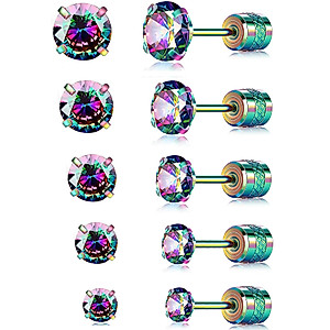 Titanium Screw Flat Back Pack of Earrings Rainbow Cubic Zirconia Simulated Diamond Stud for Women Men 18K Gold Plated Surgical Stainless Steel Helix Piercing Hypoallergenic for Sensitive Ears 20G