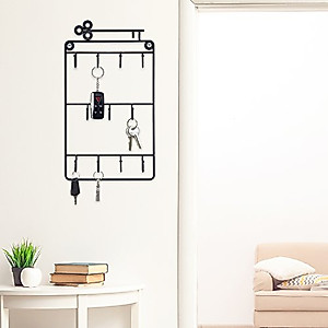 MyGift Black Metal Wall Mounted Key Rack Holder Organizer, Keychain and Lanyard Wall Rack with 11 Hooks and Cut Out Key Design