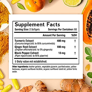 Doctor's Recipes Turmeric Curcumin Softgel, Turmeric with Ginger, 400mg, 95 Percent Concentrated Curcumin, 5% Gingerols, Joint Health, Black Pepper, Kosher Friendly, 120 Softgels