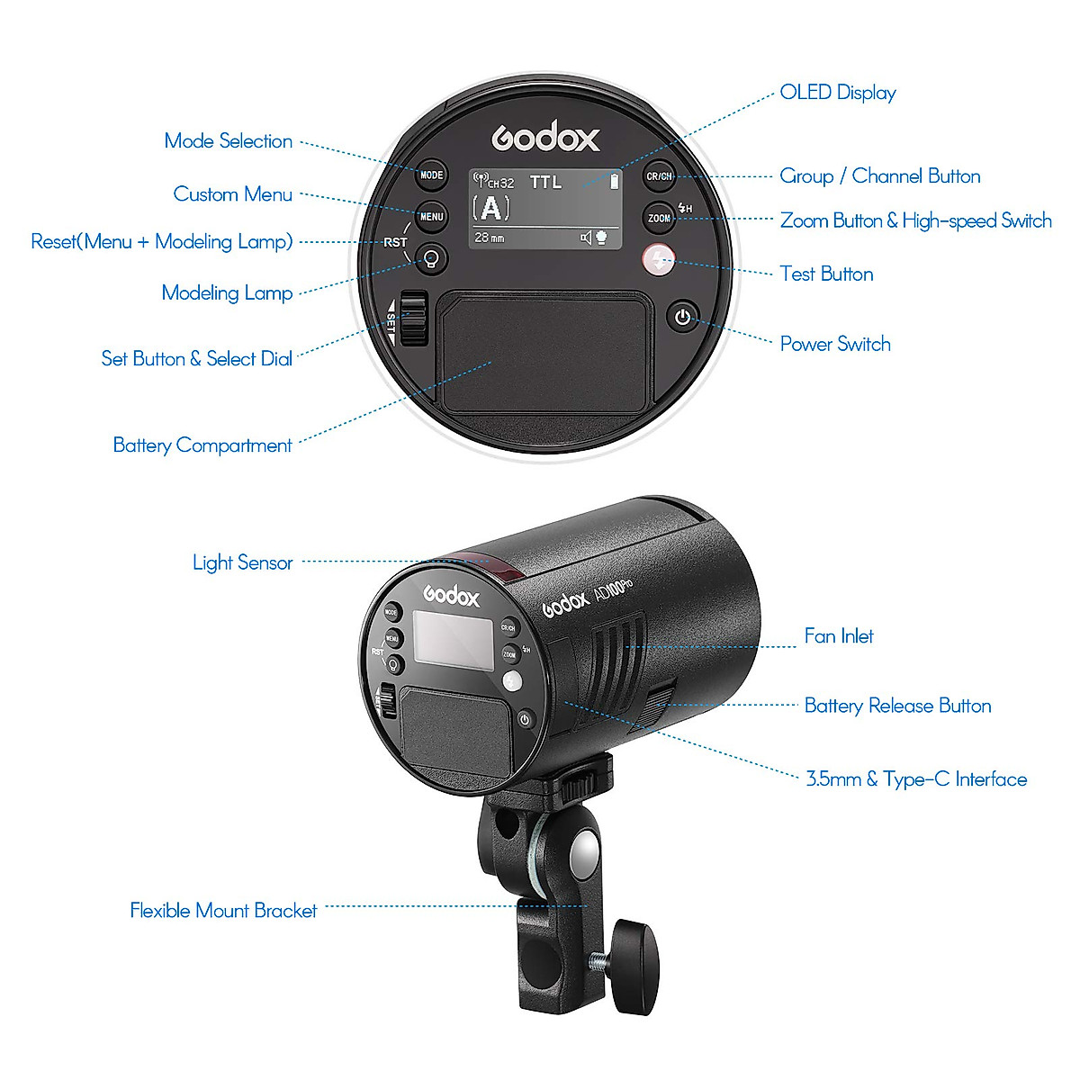 GODOX AD100Pro Studio Flash Light OLED Screen 5800K 1/8000s Sync TTL/Multi/M Flash Built-in 2.4G Wilreless X System 5 Groups 32 Channels with Rechargeable 2600mAh Battery with Godox S2 Flash Bracket