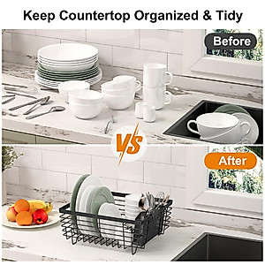 TQVAI Kitchen Dish Drying Rack Metal Dish Drainer with Full-Mesh Silverware Utensils Basket Holder, Black