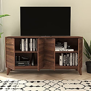 Flash Furniture Hatfield Mid-Century Modern Storage Buffet Sideboard, 4 Soft Close Doors, Adjustable Shelves, Stand for up to 64" TV's, 59.25", Dark Walnut