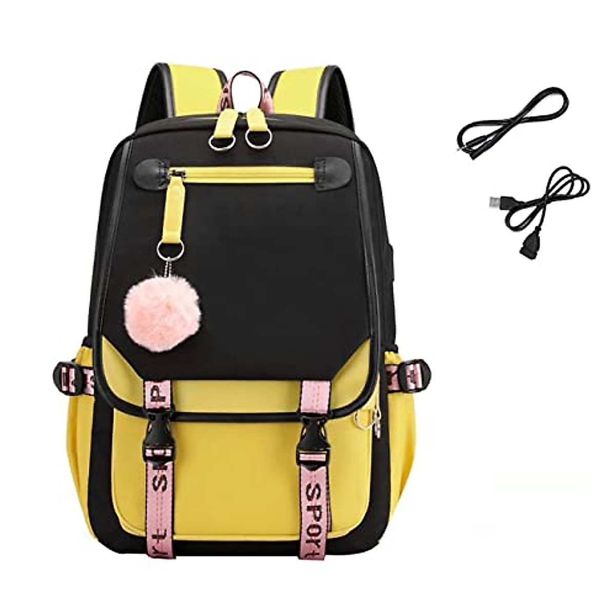 egen Kawaii Lightweight Schoolbag with USB Port USB Cable and Earphone Cord Set College Laptop Backpack Travel (Yellow Black,17 Inch)