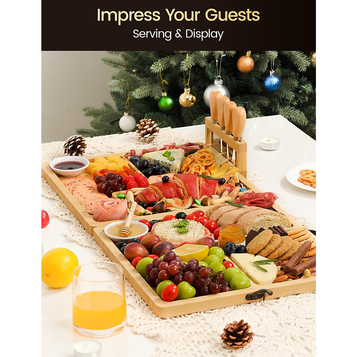 Charcuterie Boards Gift Set, Chezerra Bamboo Cheese Board Set, Folding Cheese Board with Handle, Cheese Knife Set - Unique White Elephant, House Warming, Wedding Gift, Portable Outdoor Cheese Plate