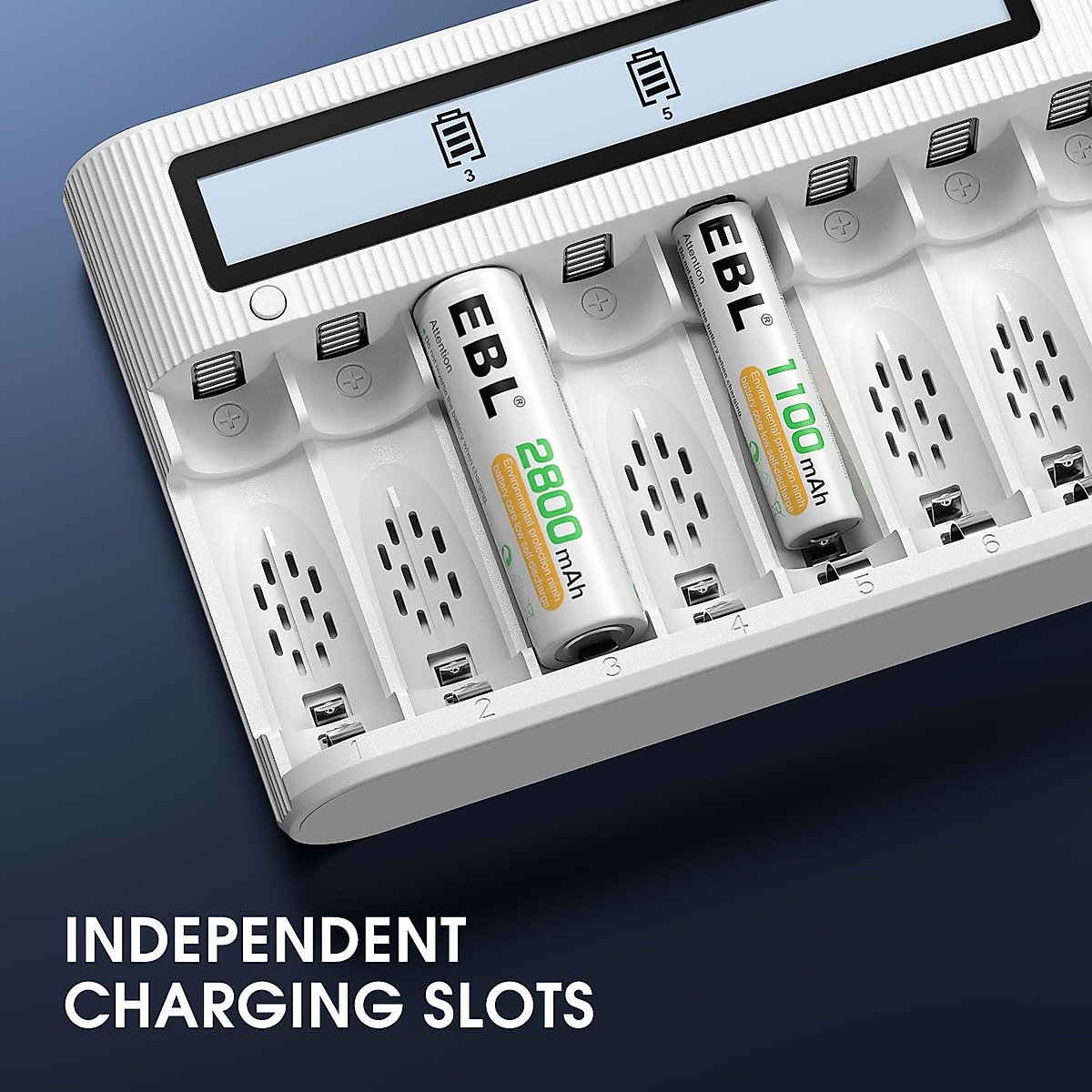 EBL AA AAA Battery Charger, Independent 8 Slots with Advanced Discharge Function, LCD Screen for 1.2V NiMH NiCD Rechargeable Batteries, Micro USB and Type C Input