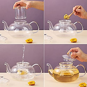 Kyraton Glass Tea Pot with 4 Tea Cups, Removable Infuser, Blooming and Loose Leaf Tea Maker and Teacups Set, Stovetop Microwave Safe Tea Kettle