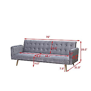 Kingway SF-6005 Convertible Futon, Velvet Couch Sofabed, L76,W37.8,H22.8, Gray Sleeper