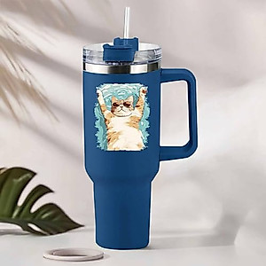 LB LEOBON 40 ounce insulated cup with handle, double-layer vacuum stainless steel material, equipped with straw, can keep warm or maintain cold drinks Leisure Cats Art Cowboy Blue