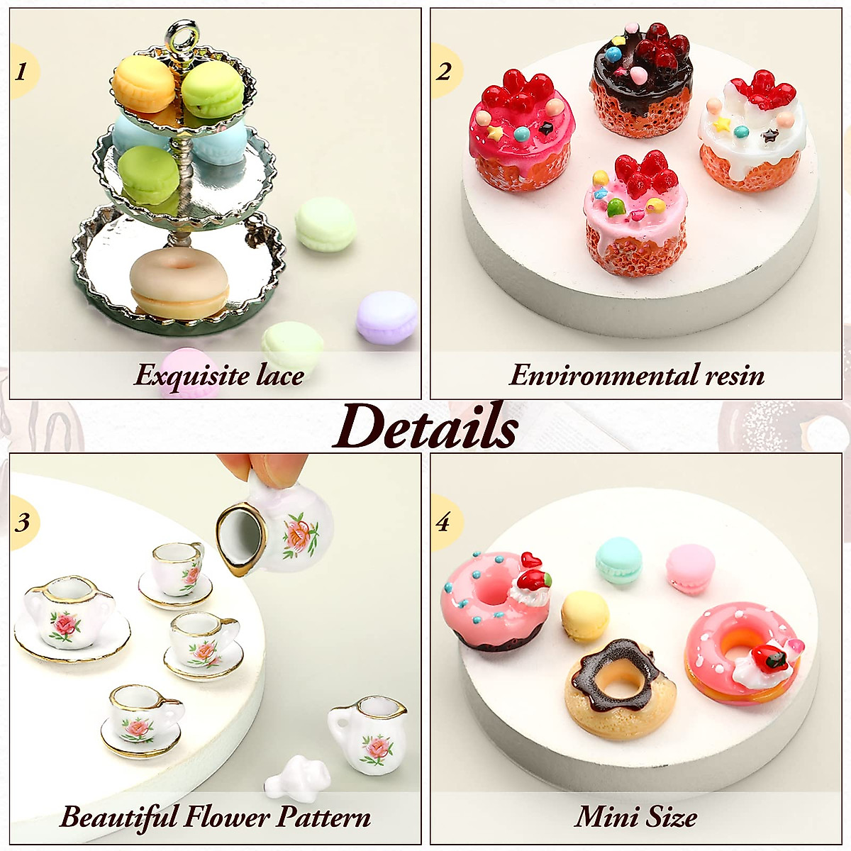 40 Pcs 1:12 Scale Dollhouse Miniature Kitchen Accessories Set Includes 15 Flower Pattern Porcelain Tea Cup 24 Mixed Pretend Cake Foods 1 Mini Three-Tier Cake Stand for Decor Supply (Sweet Style)